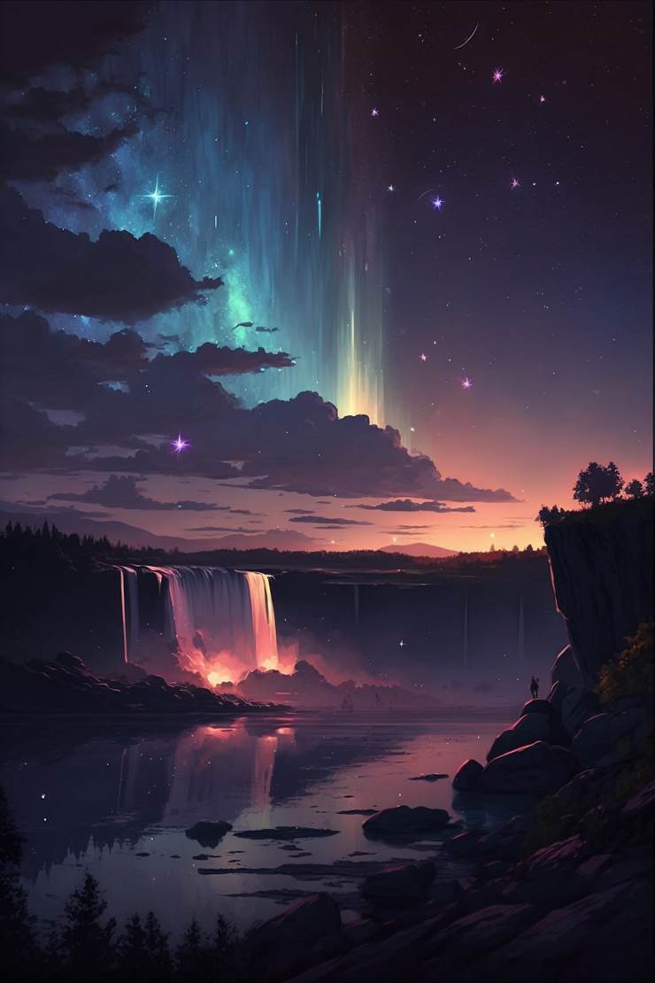 星空と滝|插画师ペンたろう的AI绘图（风景）插画图片 | BoBoPic