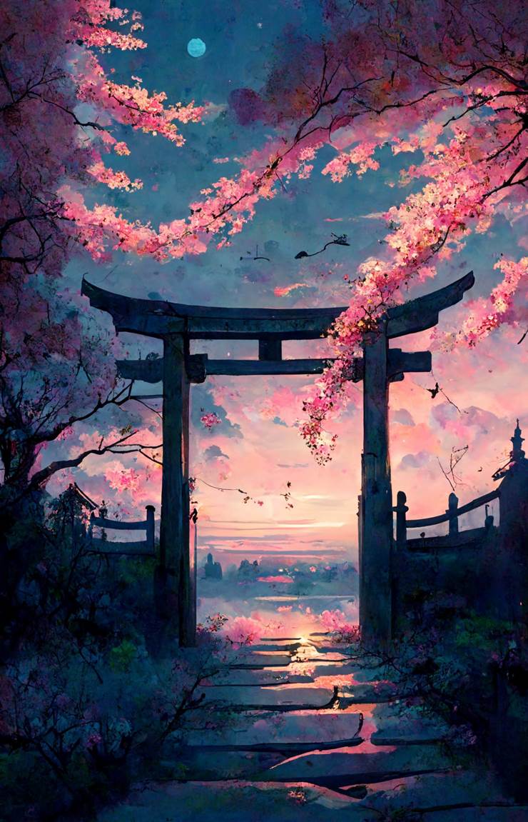 夜樱の神社|插画师たろたろ的AI绘图（风景）插画图片 | BoBoPic