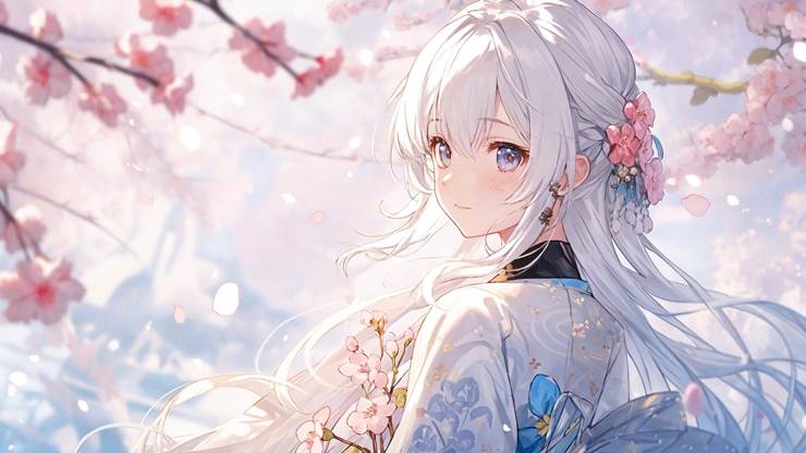 silver hair,AI Illustration,beautiful girl,Japanese style,kimono,sakura,girl, - 銀髪教主 ...