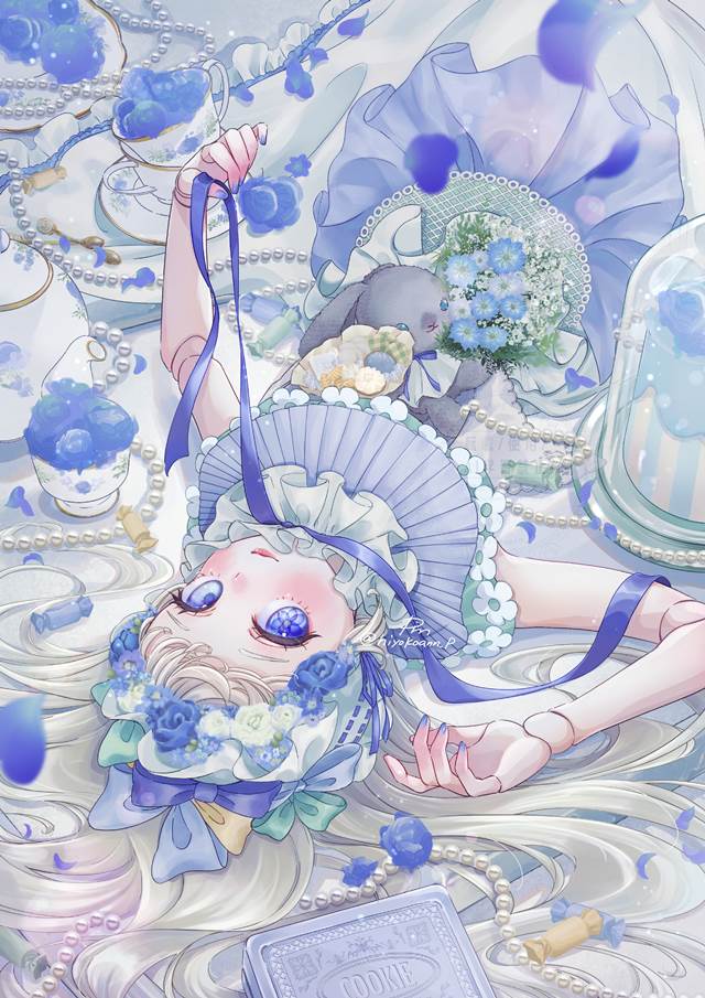 original,creation,flowers and girls,flower,girl,young girl,white hair,doll,doll,illustration ...