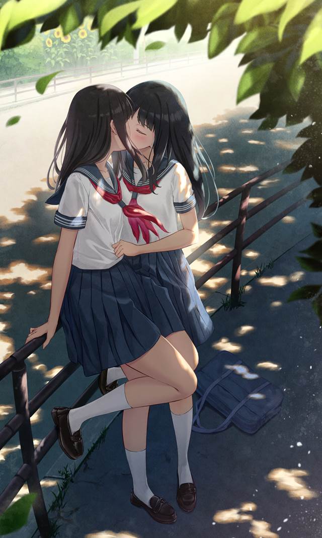 original,yuri,kiss,sailor uniform,girl, - nuenue'illustration - PixivBox