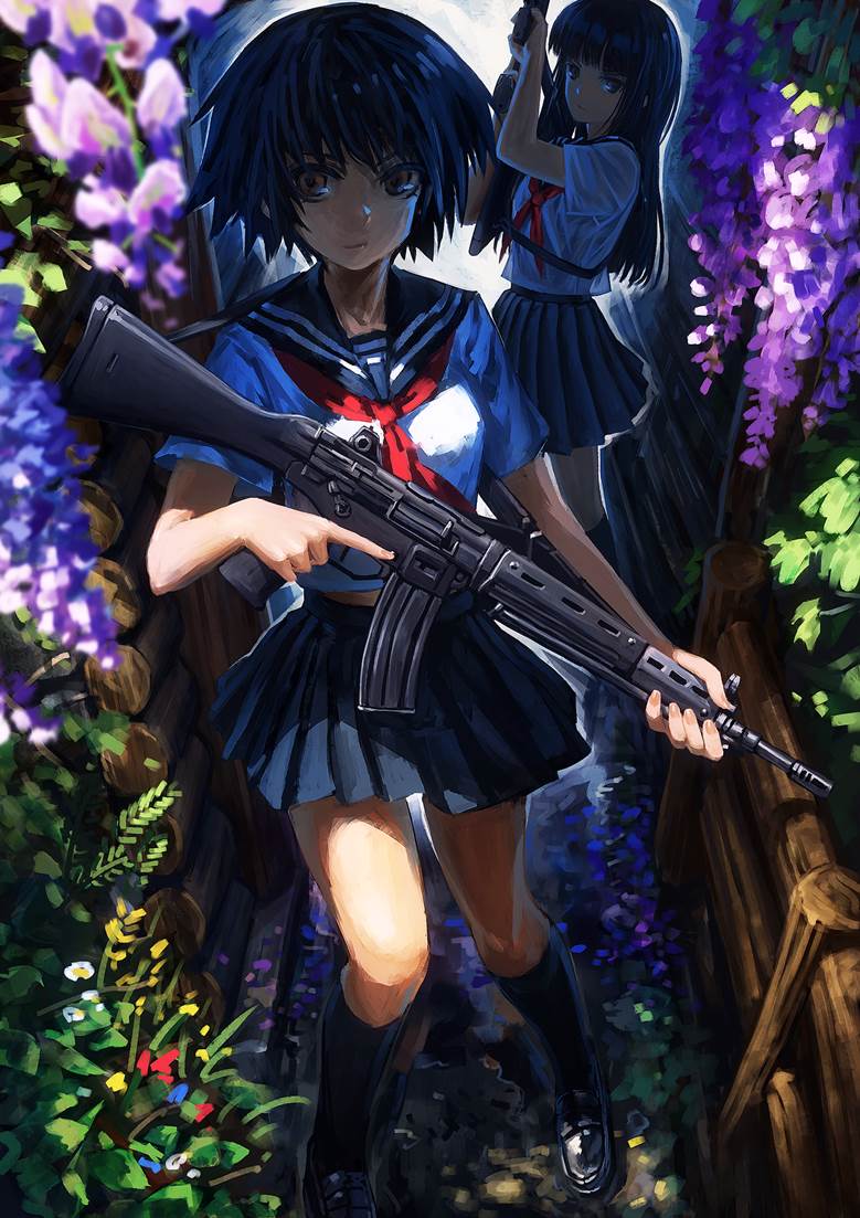 水手服和89式5.56毫米步枪|插画师お汤うどん的武装JK少女插画图片 | BoBoPic