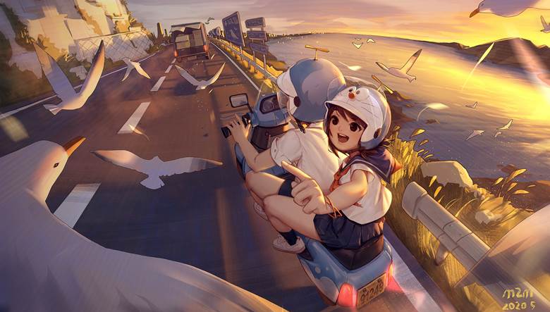 海边黄昏|插画师M2M的夕阳插画图片 | BoBoPic