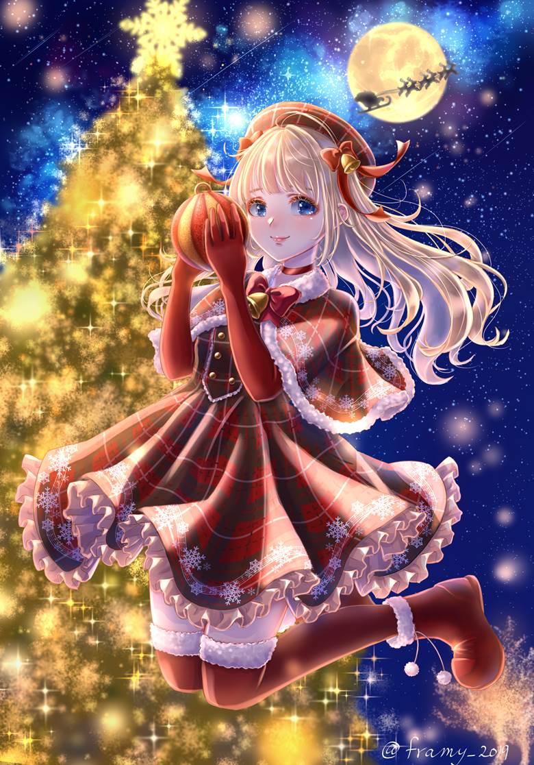 girl,christmas,blonde,starry sky,Santa clothes,knee-high,Christmas tree,long gloves,elbow gloves ...
