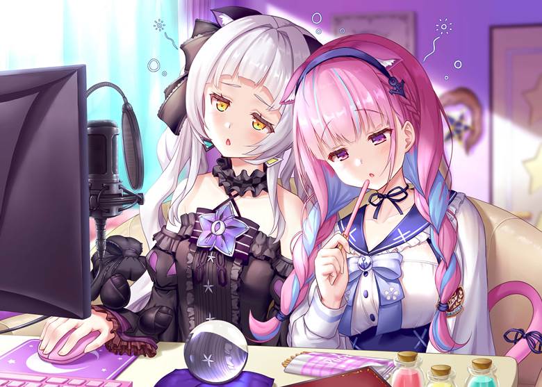 Minato Aqua,Shion Murasaki,Aqua/Shion,cat day,virtual youtuber, - うえひろ'illustration - PixivBox