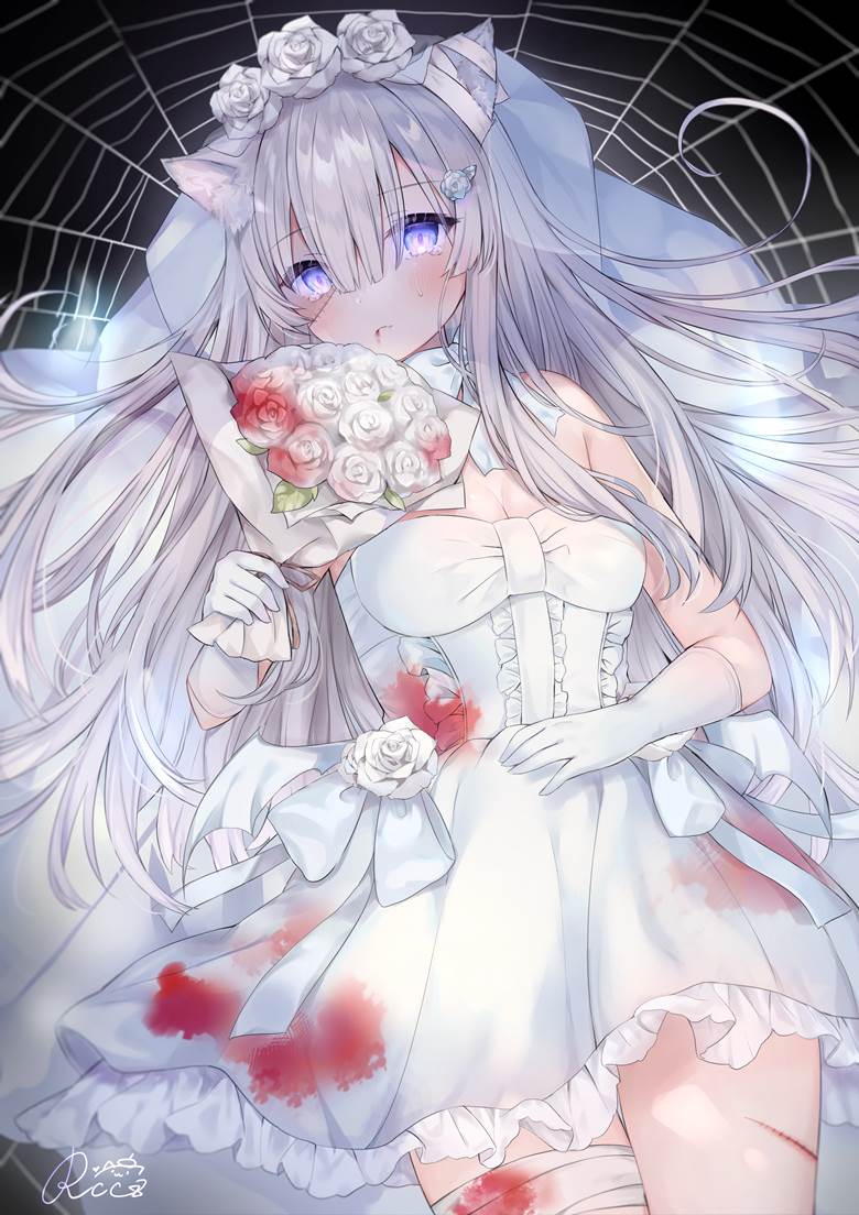 原创,原创,女孩子,兽耳,cat ears,万圣节,wedding dress,可爱,白发,blood, - rucaco/るかこ'illustration - PixivBox