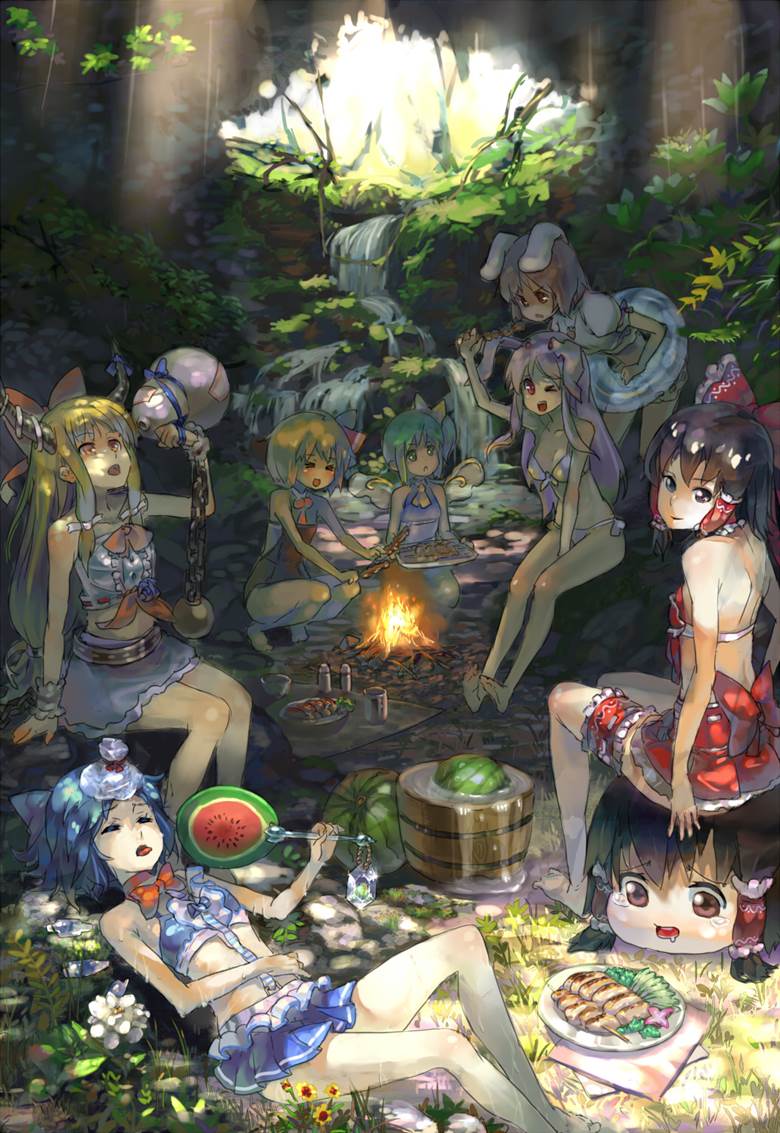 reimu,Touhou,Chirno,yukkuri,watermelon,swimsuit,sunlight through trees,Touhou Project 1000 ...