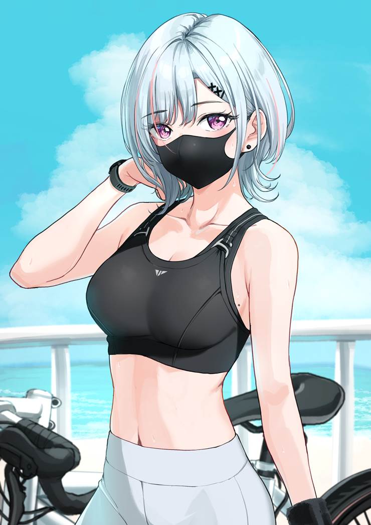 girl,silver hair,bicycle,sea,bellybutton,sports bra,leggings,Black Mask,handsome girl, - のんびり ...